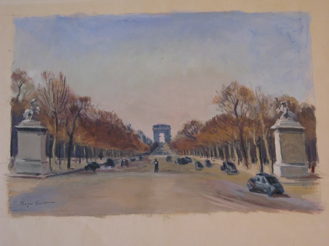 PEINTURE ROGER GUIT Champs Elysées Paris Arc de triomphe 1950 EUR 49,00 ...