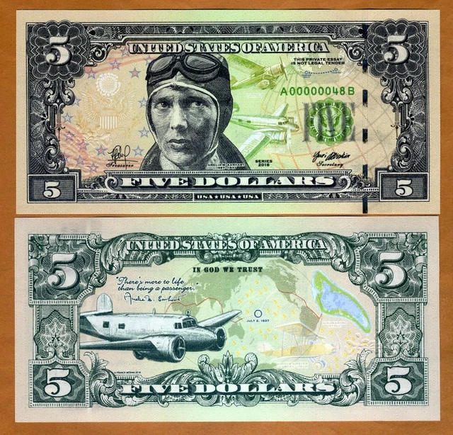 USA, $5, 2018, private Issue, essay proposed design, Amelia Earhart EUR ...