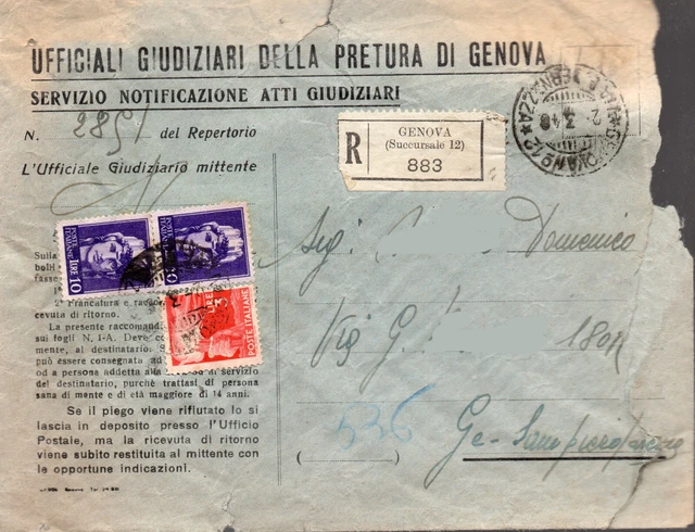 STORIA POSTALE RACCOMANDATA ATTI GIUDIZIARI 1946 coppia 10 lire ...