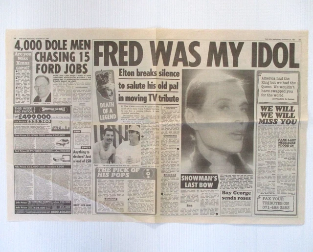 FREDDIE MERCURY DEATH 1991 The Sun Newspaper Article 27.11.91 Elton ...
