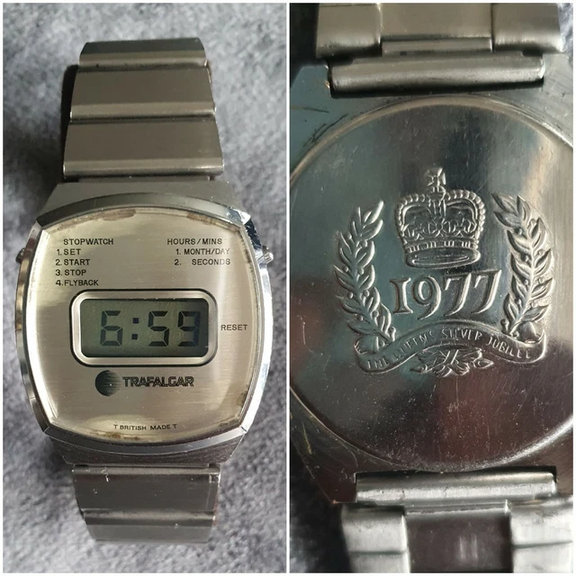 LCD VINTAGE 1970'S Digital TRAFALGAR Queens Silver Jubilee Watch Rare £ ...