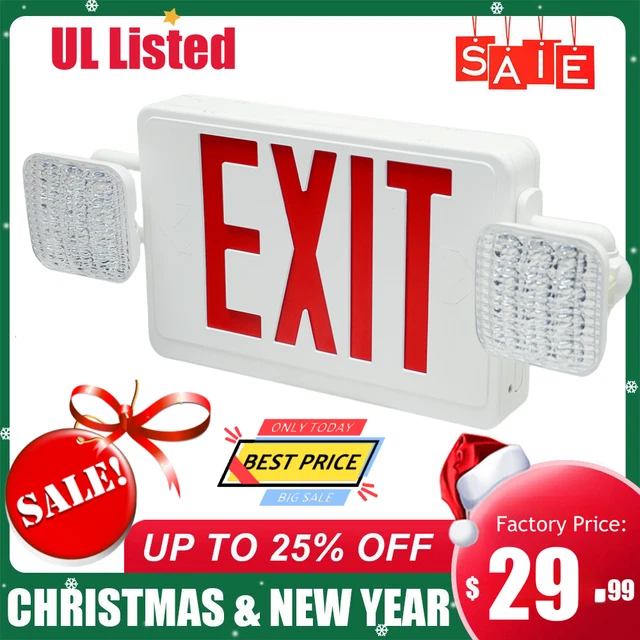 LED RED EXIT Sign Emergency Light Adjustable Two Head Compact Combo ...