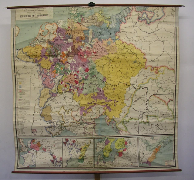 SCHUL-WANDKARTE OLD SCHOOL Map Gaebler Leipz Germany 17.Jh 198x194 ...