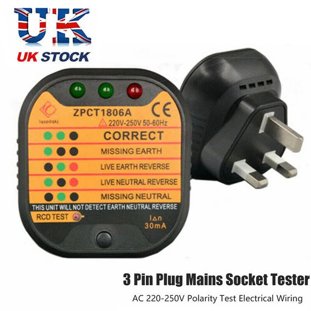 MAINS SOCKET TESTER 220V-250V Polarity Test 3 Pin UK Plug Electrical ...