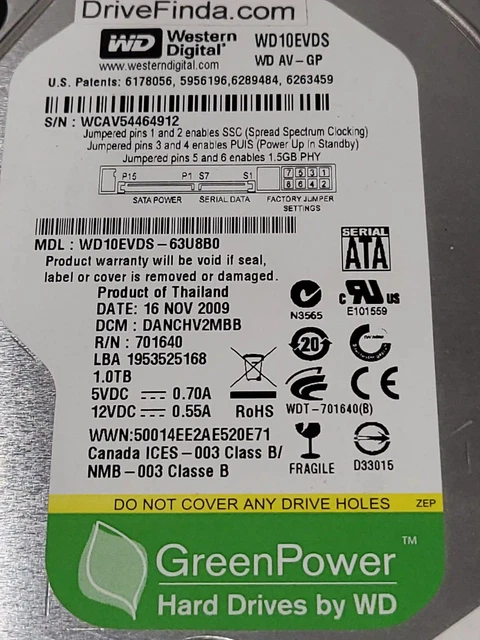 WESTERN DIGITAL WD10EVDS-63U8B0 WCAV DANCHV2MBB 2060-701640-001 REV A ...