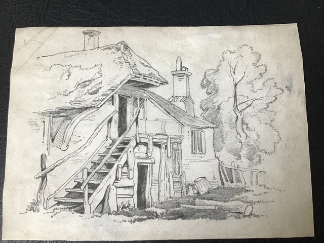 ANTIQUE PENCIL DRAWING picture cottage rustic 19th century British ...