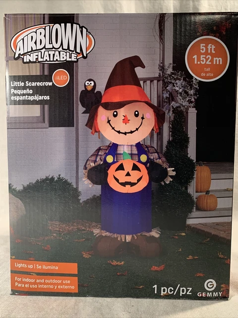 5 FOOT LIGHT-UP Halloween Inflatable Happy Scarecrow Holding Jack-o ...