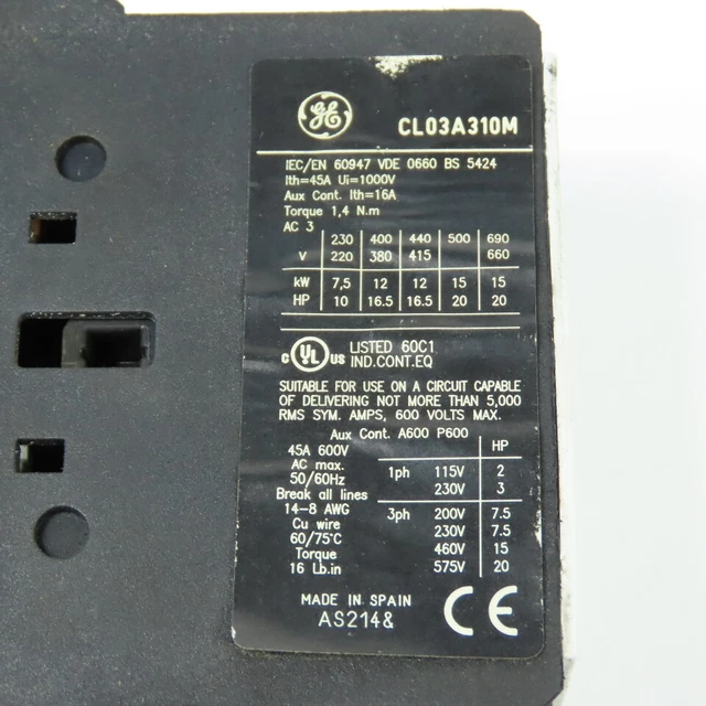 CONTACTEUR DE PUISSANCE 3 Pôles General Electric CL03A310M 45A 600V Max ...