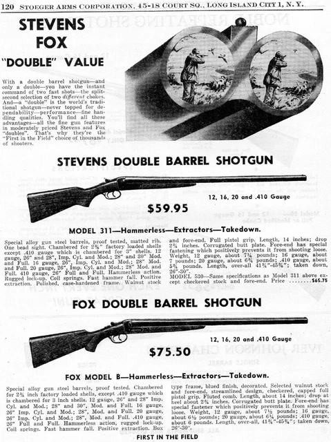 1954 PRINT AD of Fox Model B & Stevens Model 311 Double Barrel Shotgun ...