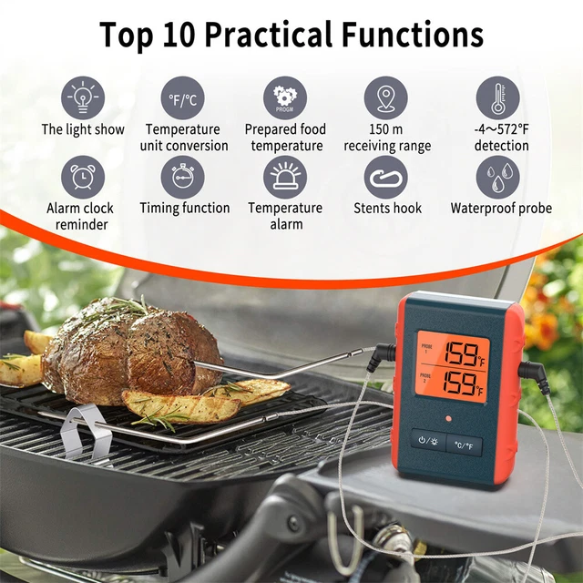 DIGITAL WIRELESS REMOTE Meat Thermometer Cooking 2 Probes Oven BBQ ...