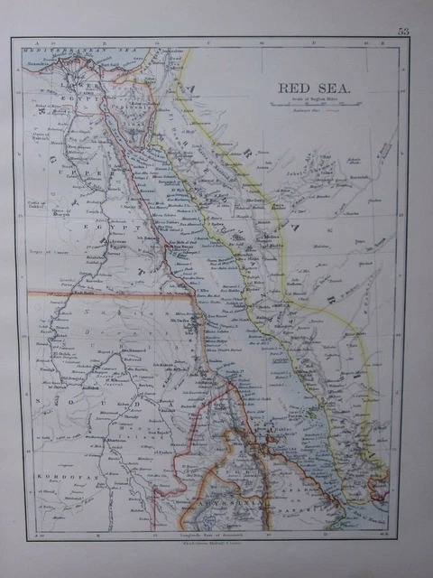 1895 VITTORIANO MAPPA Red Sea Inferiore Egitto Nilo Delta Cairo Soudan ...