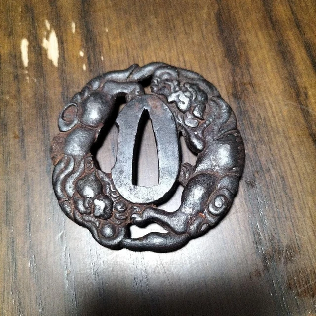 IRON TSUBA SWORD Fuchi 6.8cm Dragon Lion Design Used Old $266.46 ...