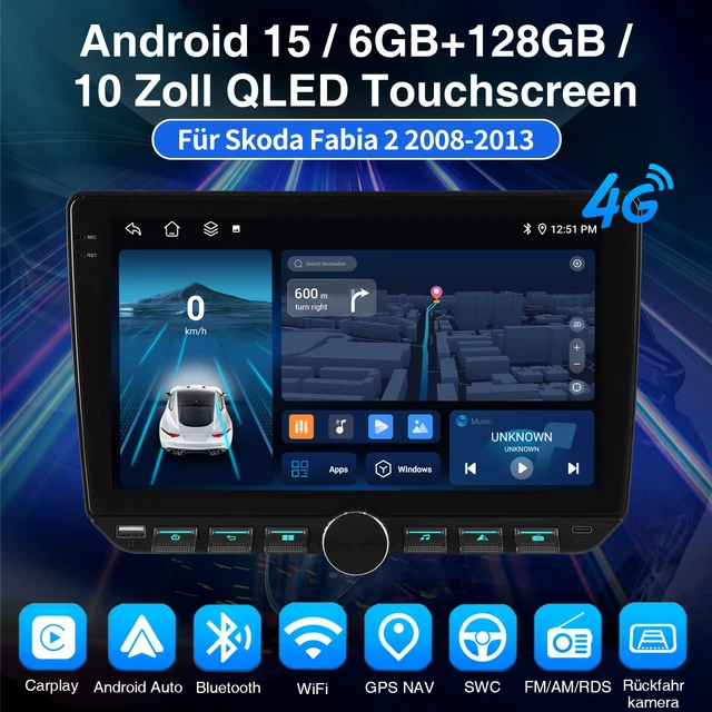 CARPLAY 4G ANDROID 15 Autoradio GPS WIFI RDS Für Skoda Fabia 2 2008 ...