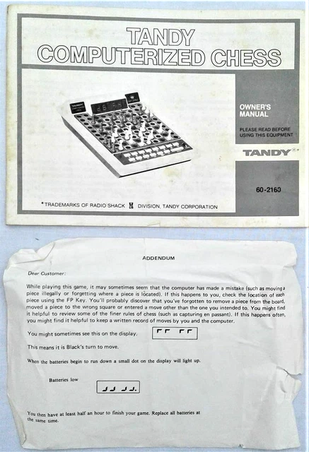 VINTAGE TANDY COMPUTERIZED Electronic Chess Game 60-2160 With Box and Manual $29.99 - PicClick CA