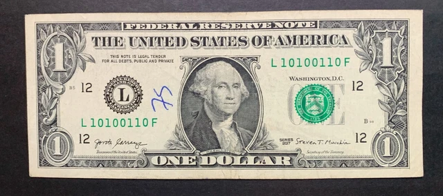 RARE TRUE BINARY 2017 $1 One Dollar Bill Note Banknote Fancy Serial ...