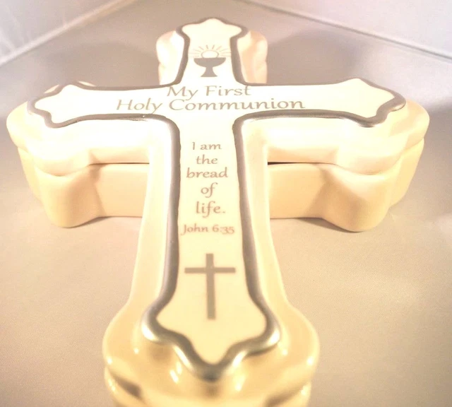 FIRST HOLY COMMUNION Cross Keepsake Ceramic Box W/Lid For Mementos £14. ...