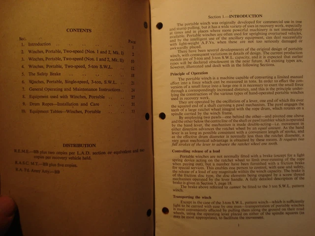 BRITISH ARMY MILITARY Recovery Vehicle Winch Manual 1945 History REME £ ...