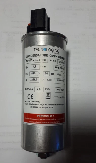 TECNOLOGICA CONDENSATORE RIFASAMENTO monofase 3,33kvar@400 V, 1x66,6 µF ...