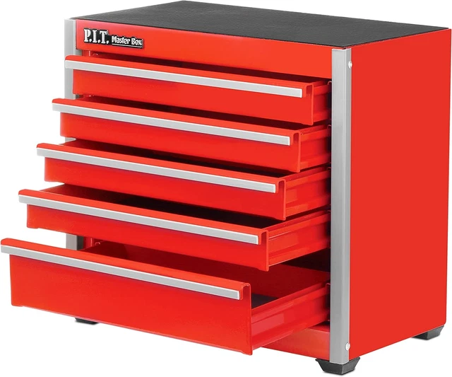P.I.T. MINI RED Tool Box, Portable 5-Drawer Micro Roll Cab Steel Tool Box with L £72.66 ...