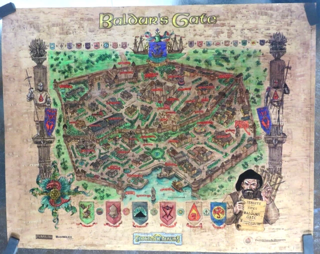 VINTAGE BALDUR'S GATE Bioware Forgotten Realms Map Poster Gallagher '98 ...