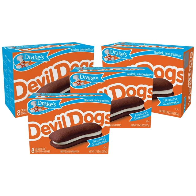 DRAKE'S DEVIL DOGS, 4 Boxes, 32 Individually Wrapped Devils Food Cakes ...