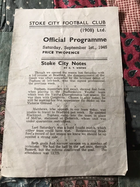STOKE CITY FOOTBALL Programme 1/9/1945 £20.00 - PicClick UK