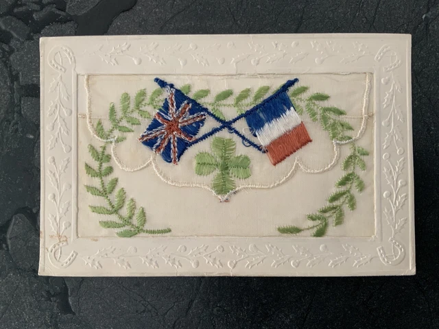 WW1 MILITARY SILK Embroidered Pc, Circa 1917 British & French Flag ...