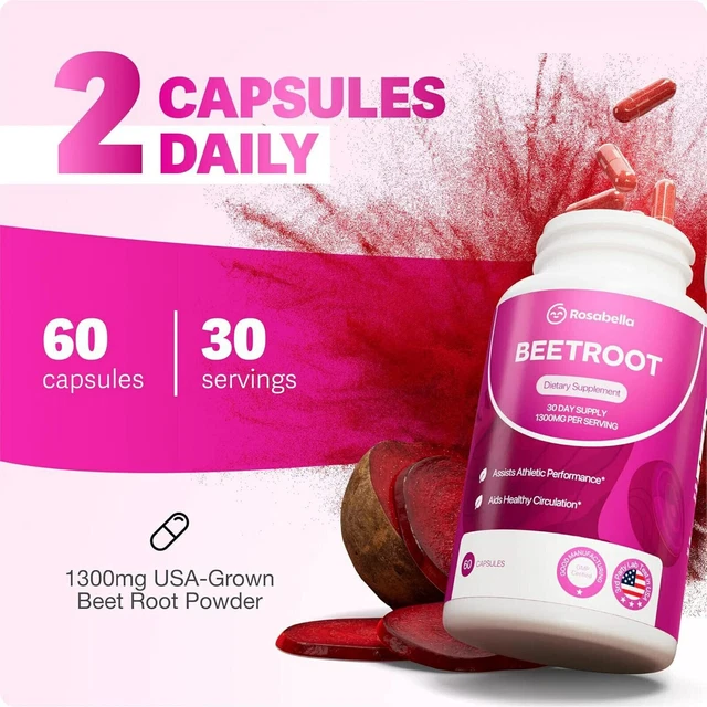 60CAPS ROSABELLA ORGANIC Beet Root Capsules Natural Energy Boost Blood ...