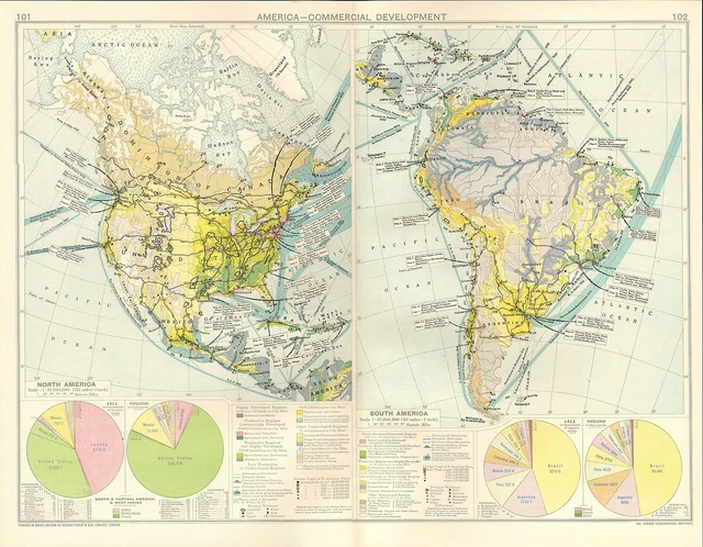 1928 MAP ~ America Commercial Development Area & Population North ...