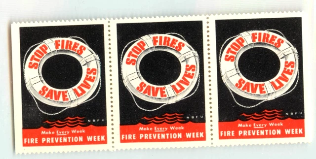 STOP FIRES - Save Lives ~FIRE PREVENTION WEEK~ Strip of 3 Poster Stamps ...