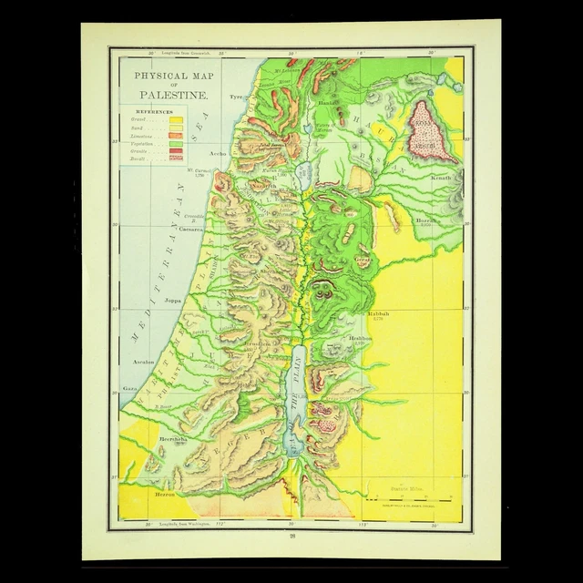 ANTIQUE PALESTINE MAP Geography Jerusalem Israel Vintage Holy Land ...