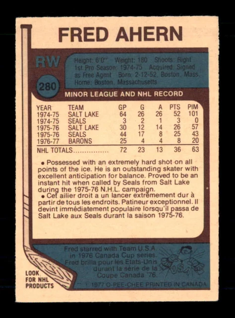 1977 O-PEE-CHEE NHL #280 Fred Ahern EX/EX+ X2911515 EUR 1,63 - PicClick FR