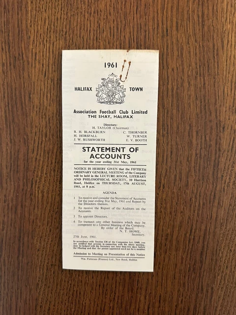HALIFAX TOWN BALANCE Sheet & Accounts plus AGM minutes 1961 ( 36/8) £18 ...