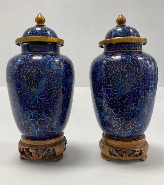 VINTAGE CLOISONNÉ PAIR of Lidded Jars on Stands-Cobalt Blue & Gold £19. ...