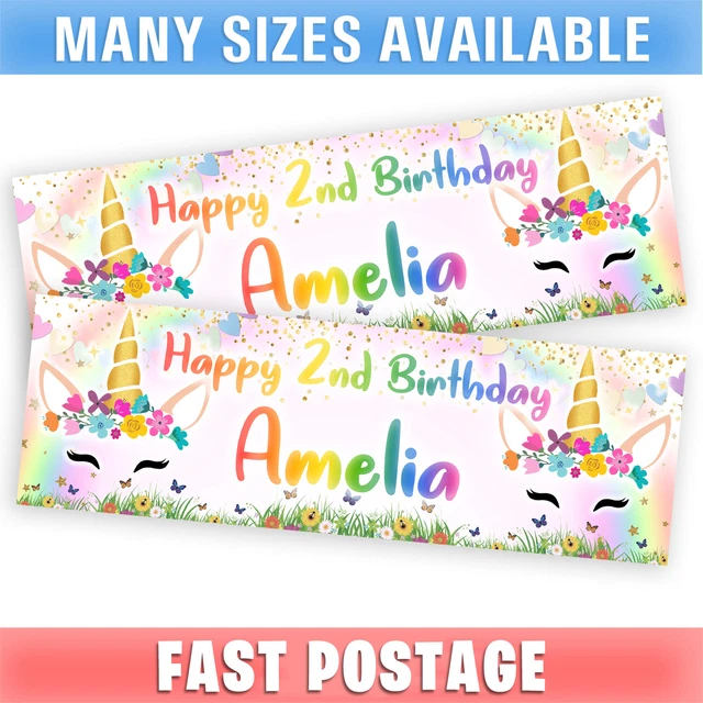 CUTE RAINBOW UNICORN Personalised Birthday Party Banner UK Girls Kids ...