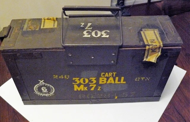 VINTAGE BRITISH ARMY wooden Ammo Box, labelled " 288 CART .303 BALL Mx7 ...