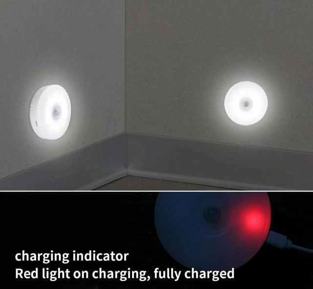 USB WIRELESS PIR Motion Sensor LED Light Cabinet Closet Lamp Round ...