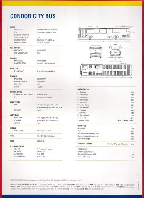BUS MANUFACTURER SPECIFICATION Sheet ~ BMC Condor - City Bus: 45 seats ...