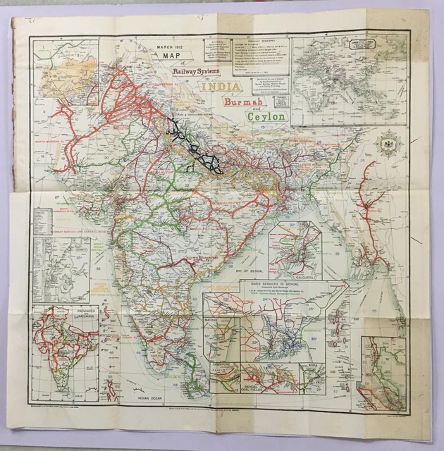 TROTT 1912 LARGE MAP Railway System INDIA Burma Ceylon. 30in x 3 £154. ...