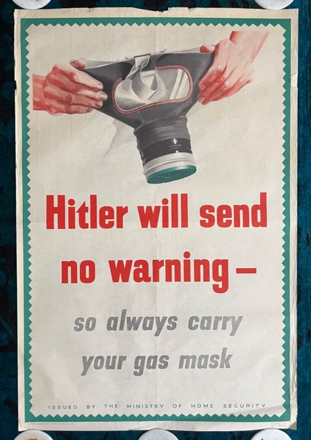 WWII WW2 ORIGINAL War Poster Hitler No Warning Gas Mask Home Front ...