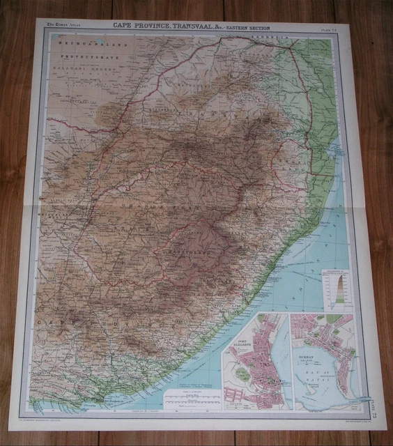 1922 ORIGINAL VINTAGE Map Of Transvaal South Africa Durban Johannesburg ...