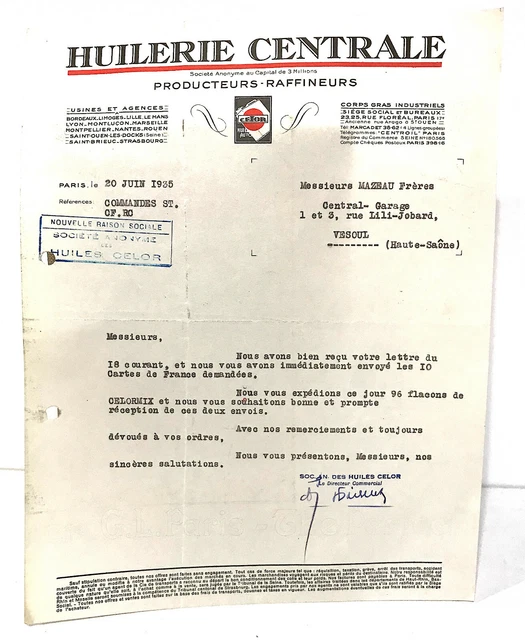 ANCIEN DOCUMENT PUBLICITAIRE Courrier Bidon D'huile Celor Huilerie ...