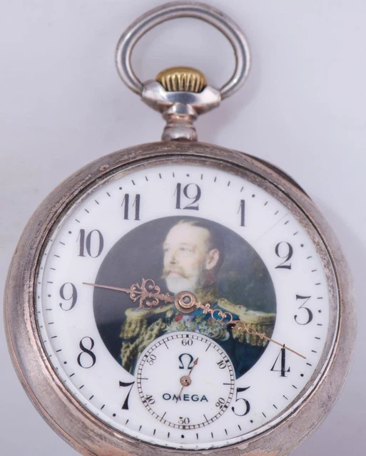 ANTIQUE AWARD OMEGA Grand-Prix Silver Pocket Watch-Portrait of King ...