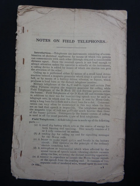 ORIGINAL WW1 BRITISH Army Official "NOTES ON FIELD TELEPHONES" £39.99 ...