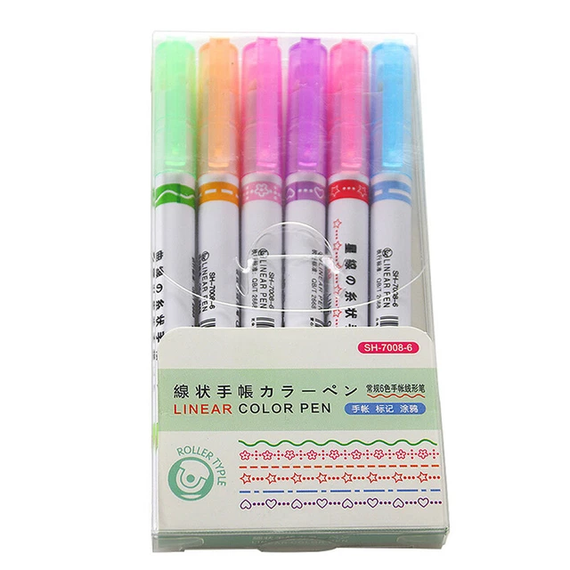 6 COLORS CURVE Line Marker Highlighter Pen Outline Pastel Markers ...