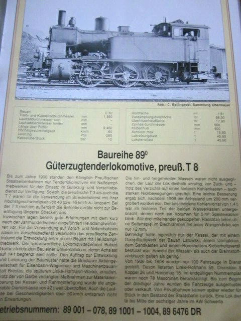 DAMPFLOK TYPENBLATT RISSZEICHNUNG 1:87 BR 89.0 preuß T 8 DRG EUR 4,78 ...