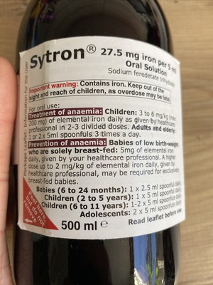SYTRON 500ML IRON 27.5mg Per 5ml Oral Solution Syrup Iron Deficiency ...