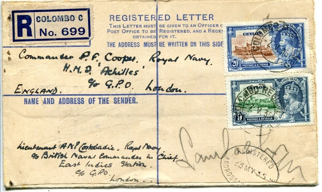 1935 SILVER JUBILEE Ceylon 9c and 20c on a formula registered cover to ...