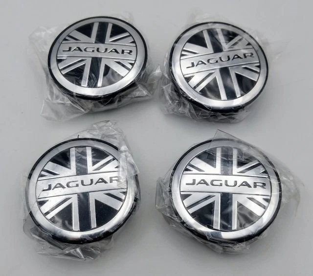 JAGUAR BLACK UNION Jack Wheel Center Caps Set of 4 XJ XK XF XE F-Type E ...