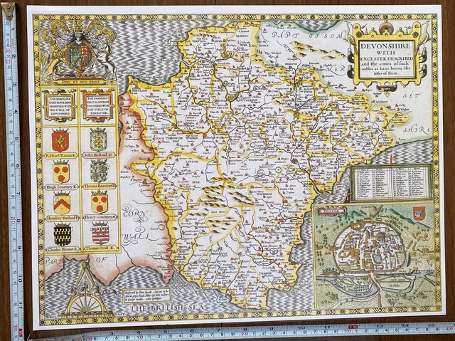 OLD TUDOR POSTER map of Devon, Exeter: Speed 1600's 15" x 12 Reprint ...